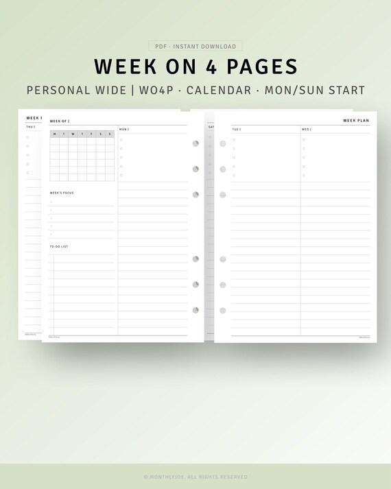 Week on 4 Pages Printable Personal Wide Inserts Weekly | Etsy