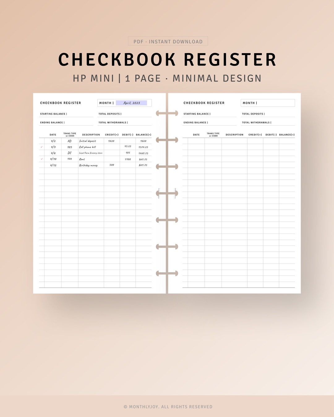 Checkbook Register HP Mini Printable Inserts, Spending Log, Transaction ...