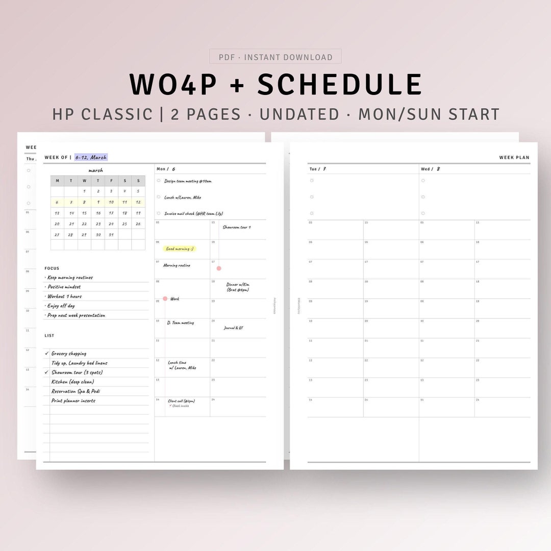Week on 4 Pages Printable HP Classic Size Inserts, Weekly Schedule ...