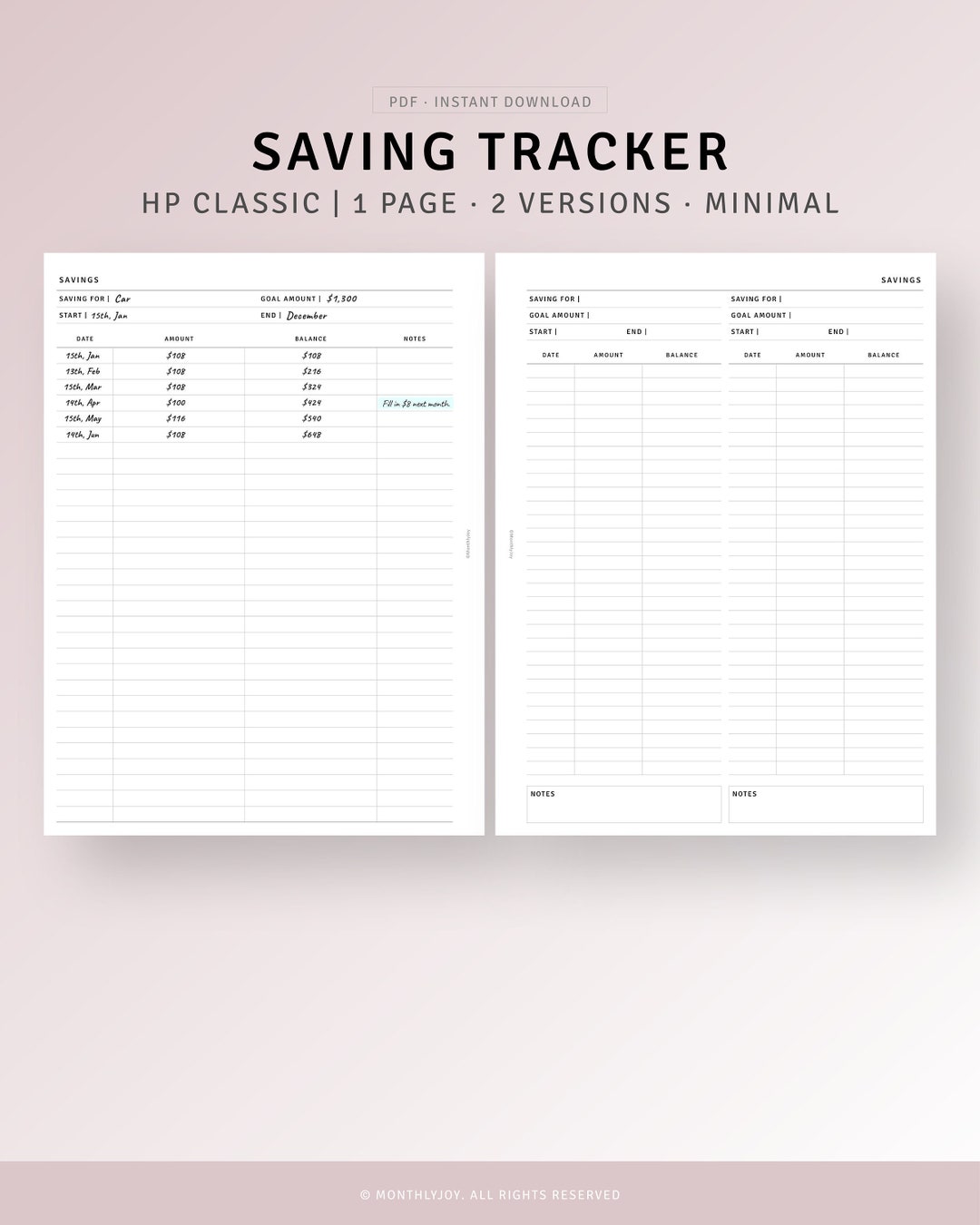 Saving Tracker Printable HP Classic Inserts, Finance Goal Tracker ...