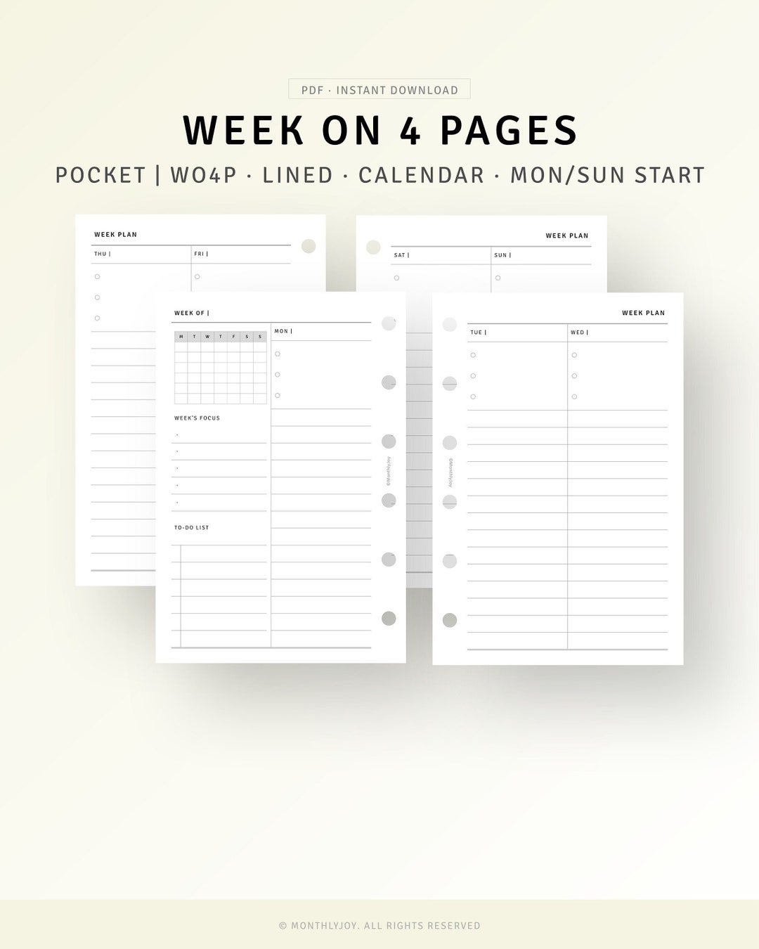 Week on 4 Pages Printable Week Schedule Organizer, Productivity Planner ...