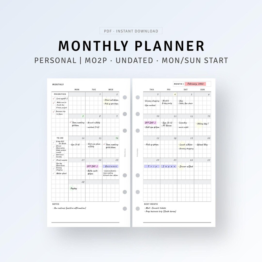 Undated Monthly Planner Printable Personal Inserts, Month on 2 Pages ...