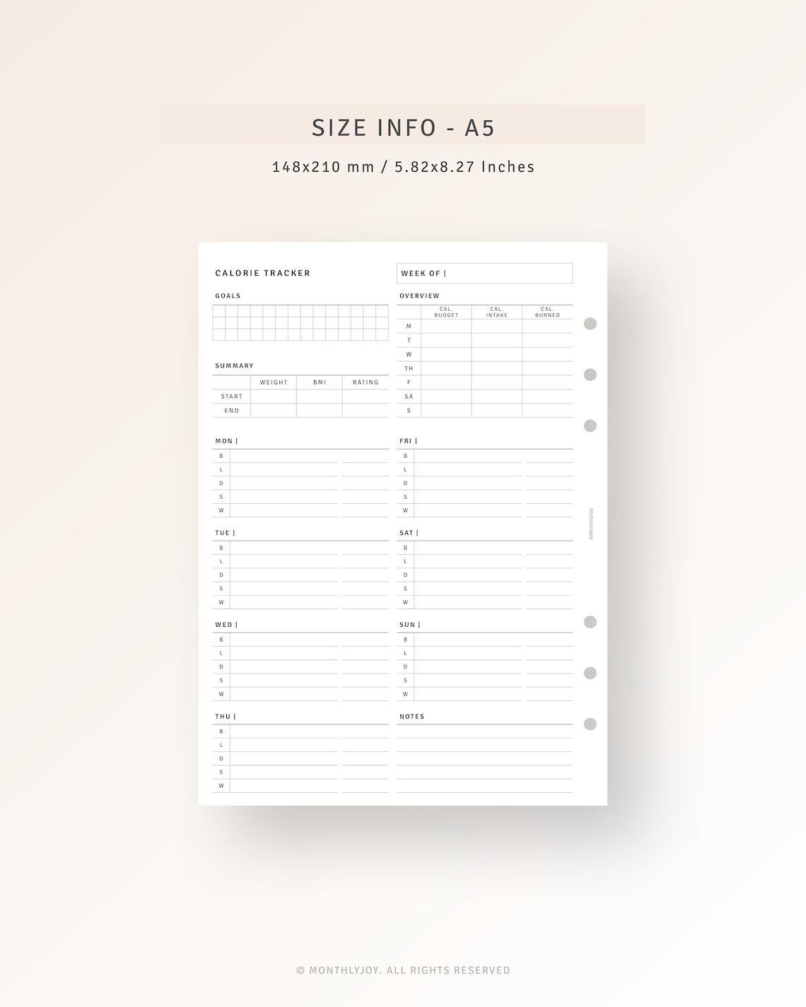 Calorie Tracker Printable A5 Inserts Weekly Food Diary - Etsy