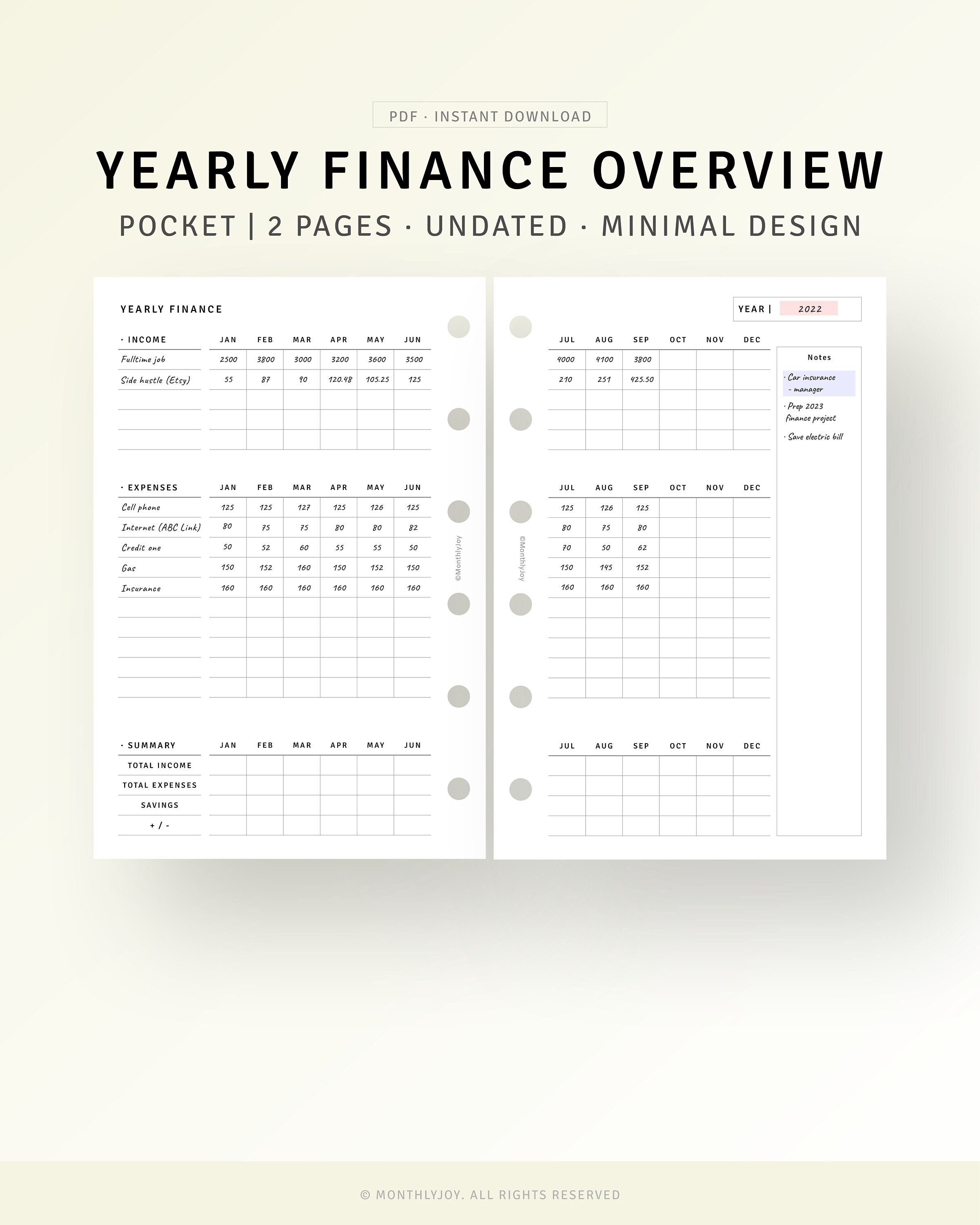 Yearly Budget Planner Pocket Printable Inserts, Income Expenses ...