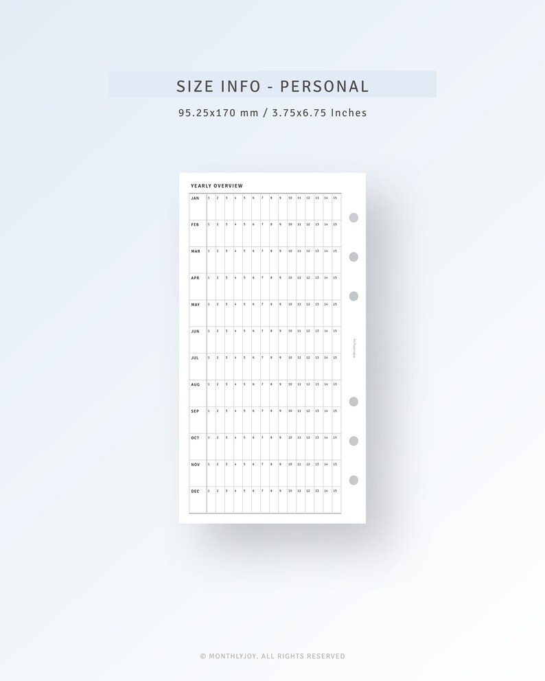 Personal Size, Year at A Glance Printable Yearly Planner Inserts Annual ...
