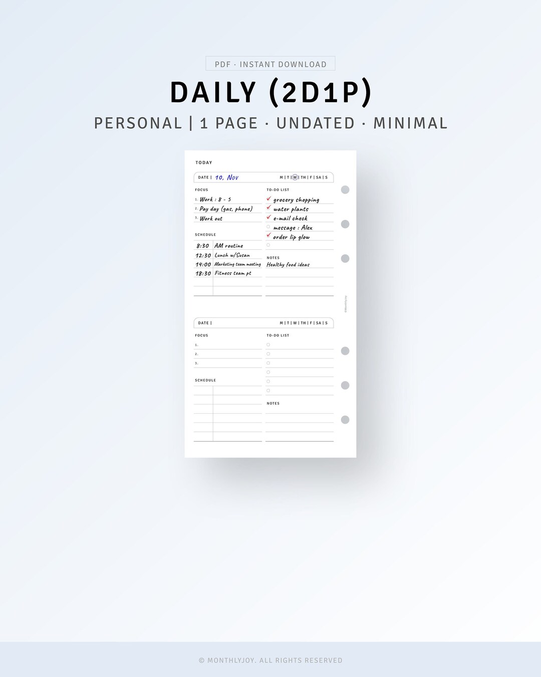 Personal, Daily Planner Pages Printable 2 Days on 1 Page, Undated Daily ...