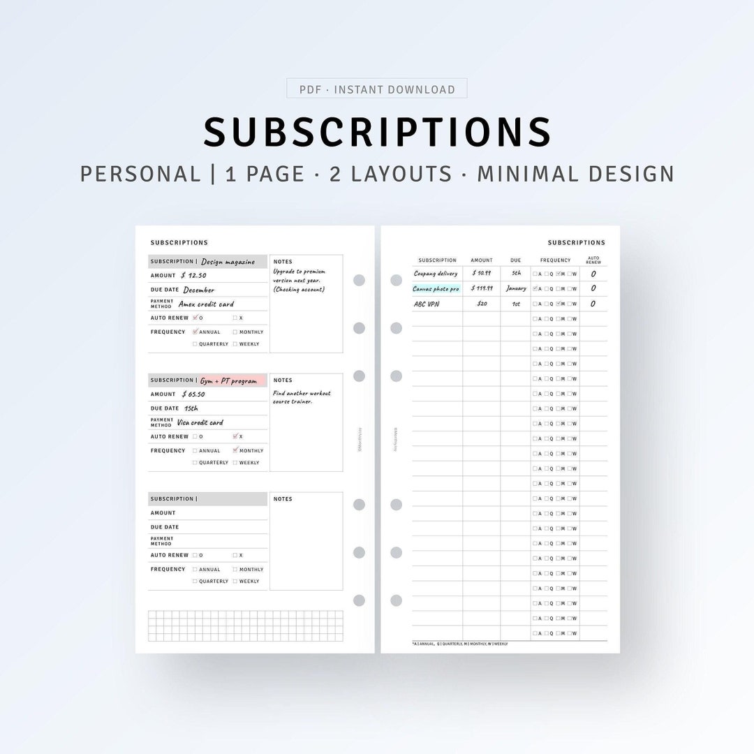 Personal Ring, Subscription Tracker Printable Inserts, Membership Template, Bill Organizer ...