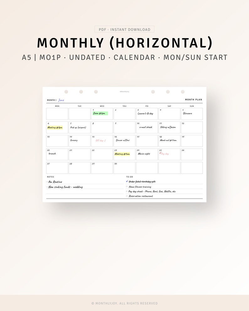 A5 Ring Monthly Planner Pdf Inserts Printable Monthly Layout - Etsy