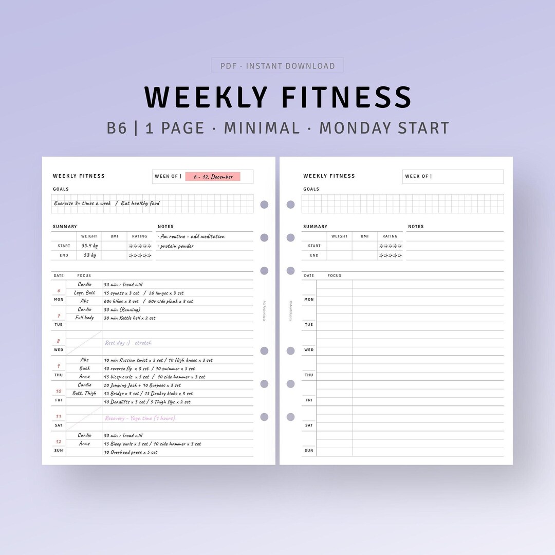 Weekly Fitness Planner Printable B6 Binder, Health Workout Calendar ...
