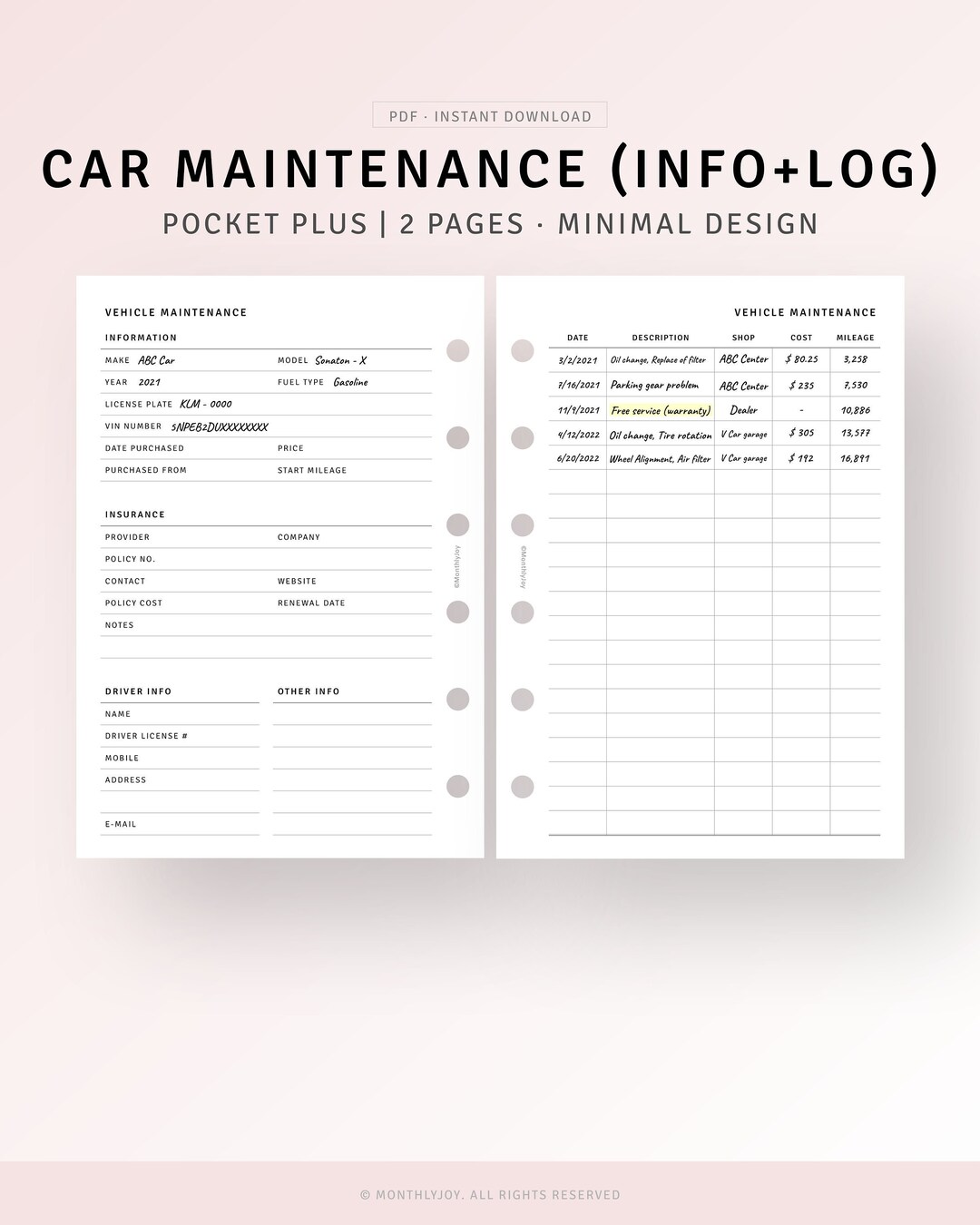 Car Maintenance Log Printable Pocket Plus Inserts, Auto Mileage Journal ...