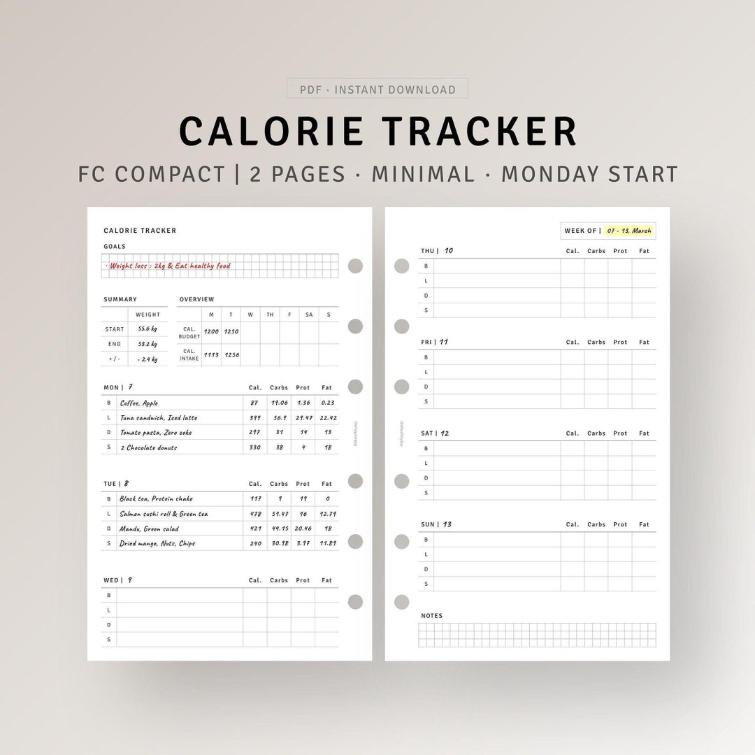 Calorie Tracker FC Compact Inserts Printable Weight Loss Tracker, Diet Food Diary Journal ...