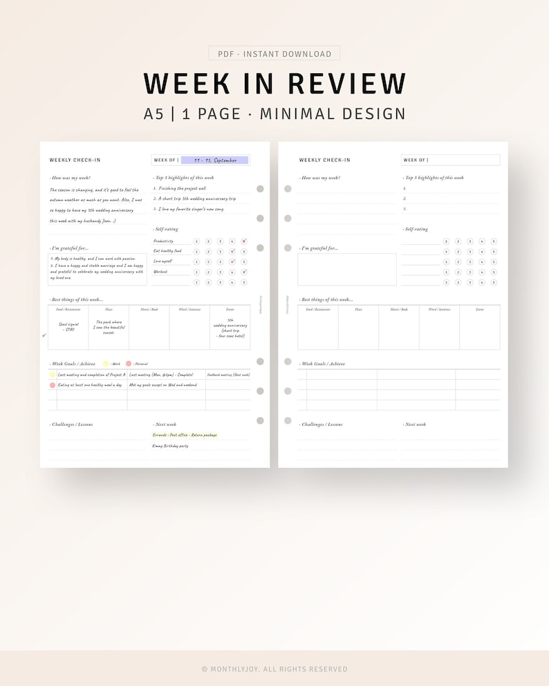 A5 Inserts, Weekly Review Printable Weekly Reflection Gratitude Journal ...