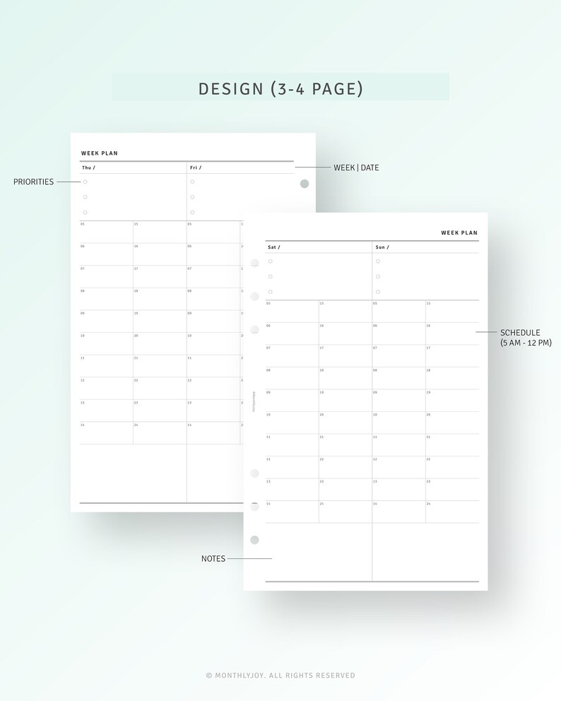 Week on 4 Pages Printable Half Letter Inserts, Undated Weekly Schedule ...