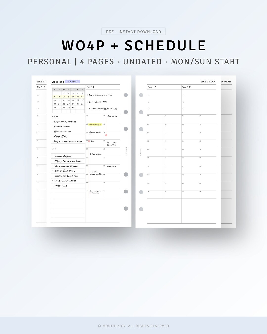 Personal, Week on 4 Pages Printable Weekly Calendar Layout Pages, Time ...