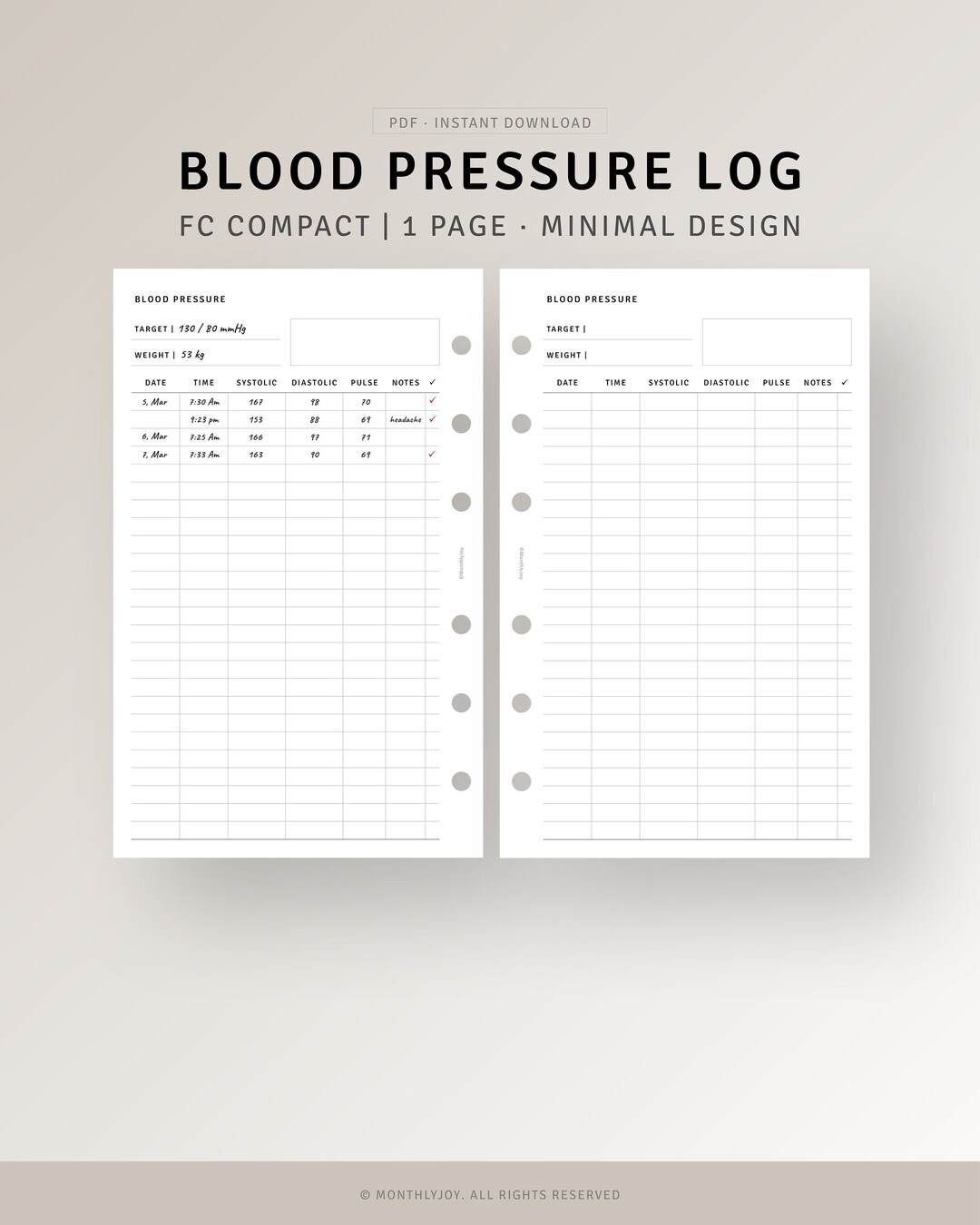 Blood Pressure Log FC Compact Printable Inserts, Medical Binder, Daily ...
