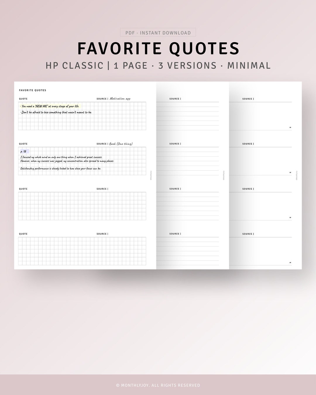 Favorite Quotes Tracker Printable HP Classic, Positive Mindset Quotes ...