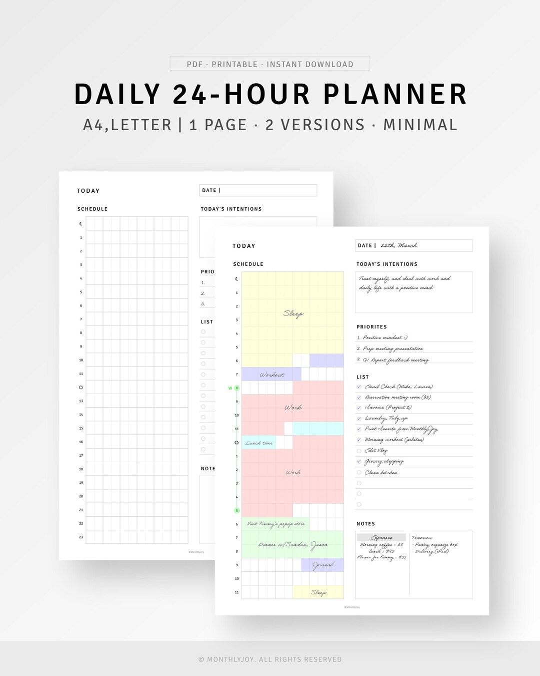 24 Hour Daily Planner Printable A4/letter Inserts, Time Blocking ...