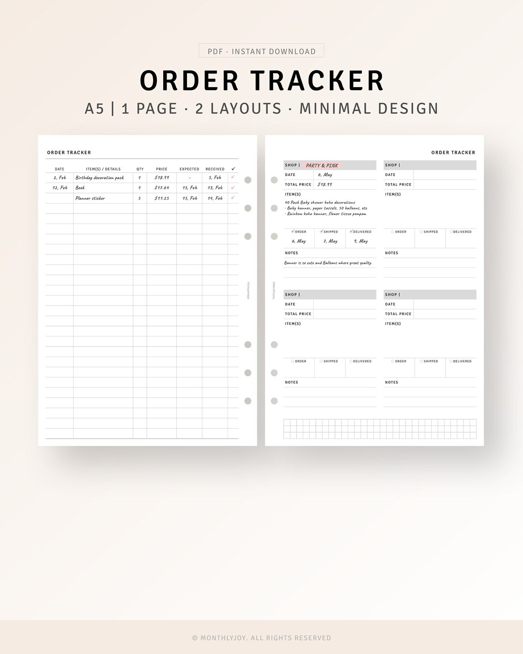 Online Order Tracker A5 Printable Planner Inserts, Shopping Tracker ...