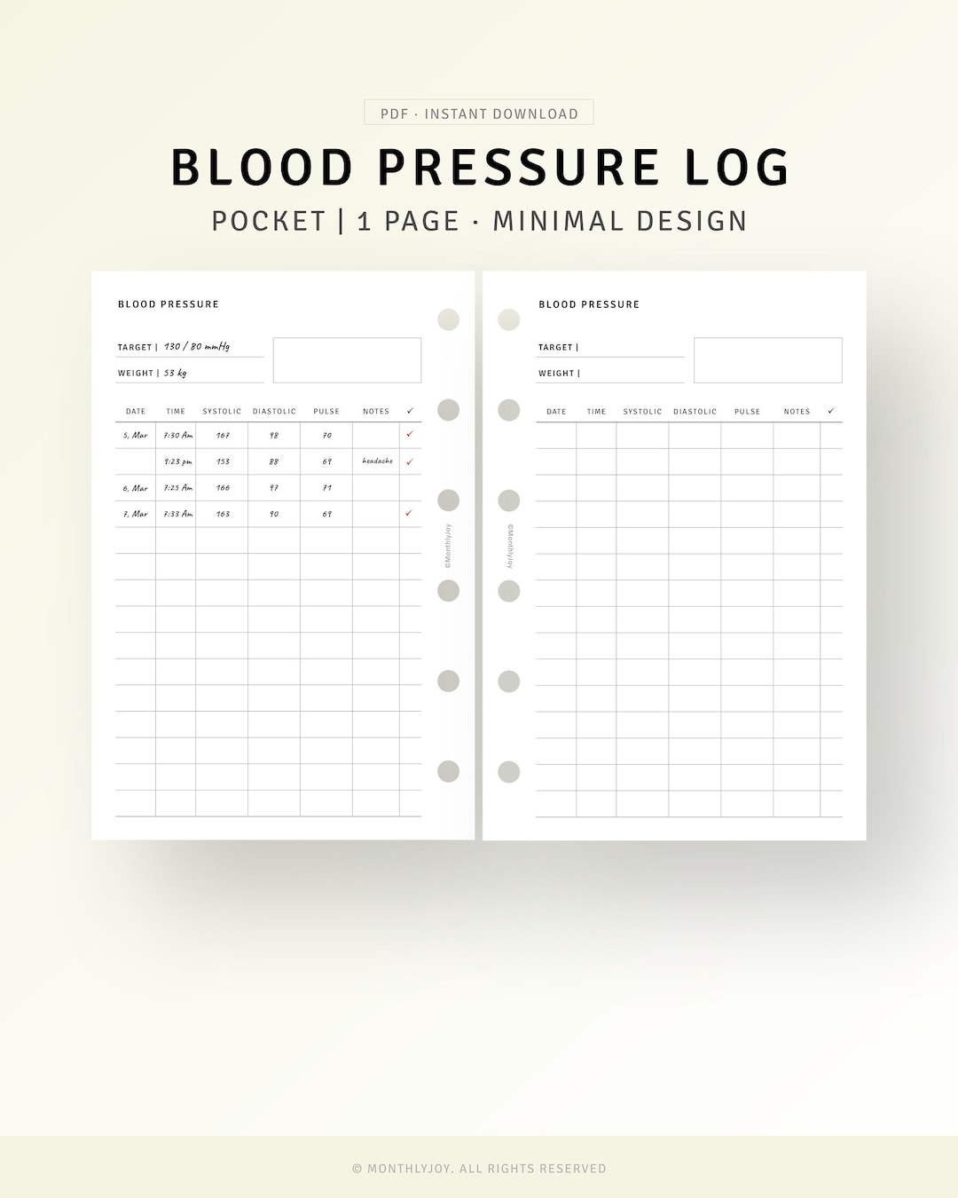 Blood Pressure Log Printable Pocket Size Inserts, Medical Vitals ...