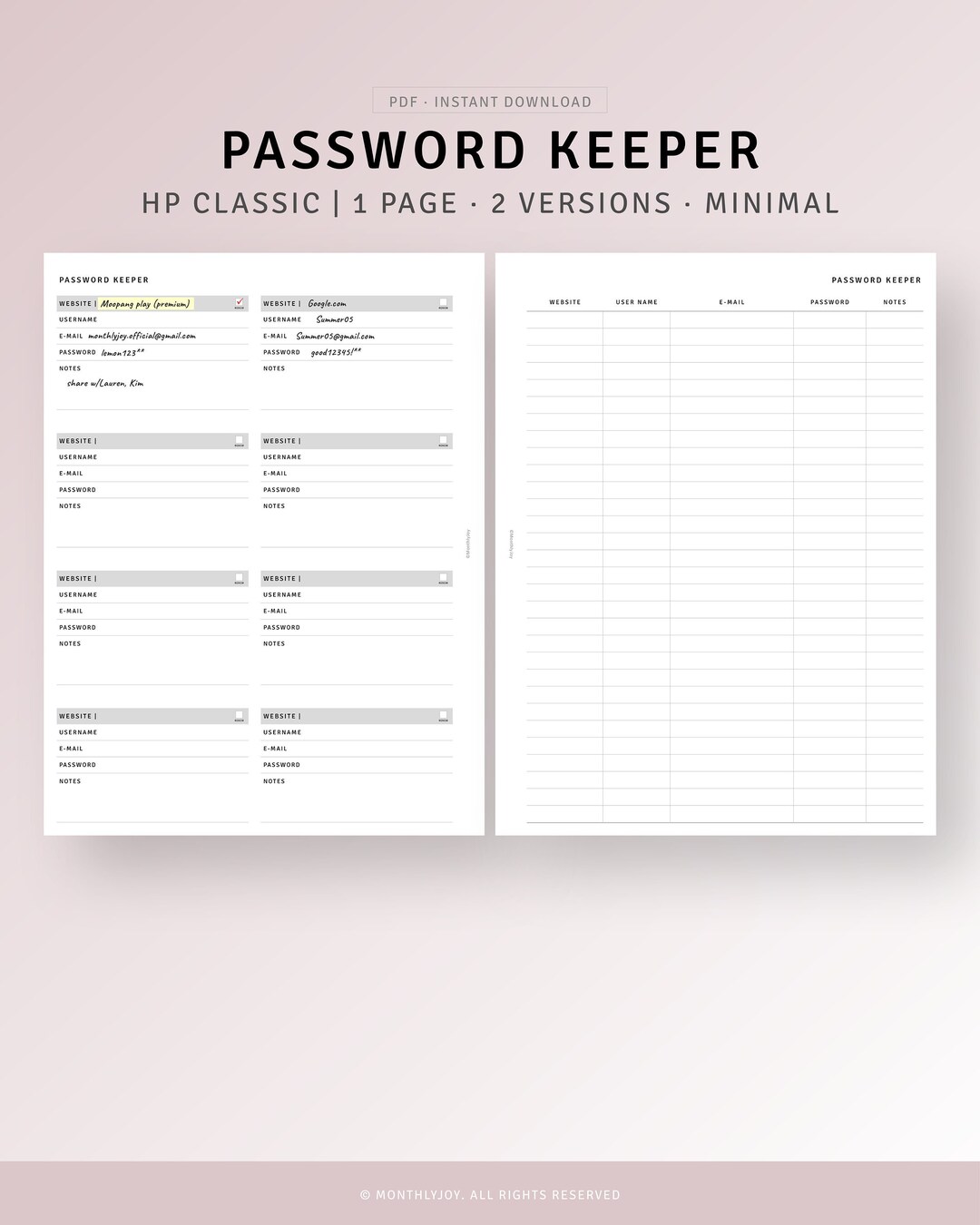 Password Tracker Printable HP Classic Inserts, Website Login Username ...