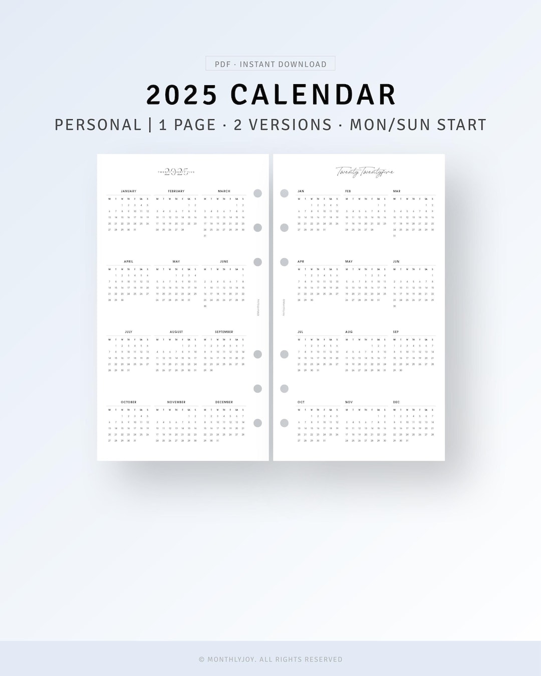 PERSONAL, 2025 Calendar Printable Inserts, Year at A Glance, New Year ...