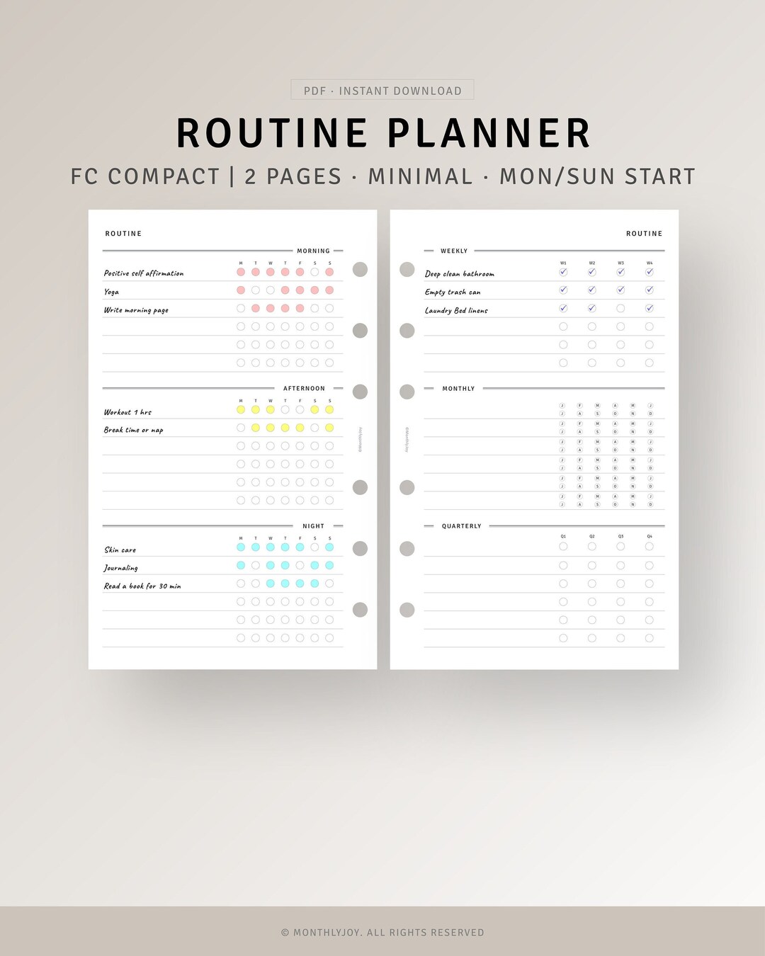 Routine Planner Printable FC Compact Inserts, Monthly Routine Log Night ...