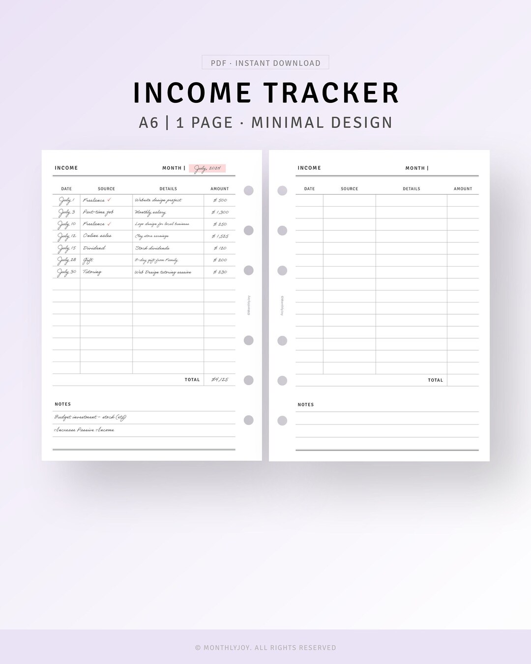 Income Tracker Printable A6 Ring Monthly Income Log, Personal Finance ...