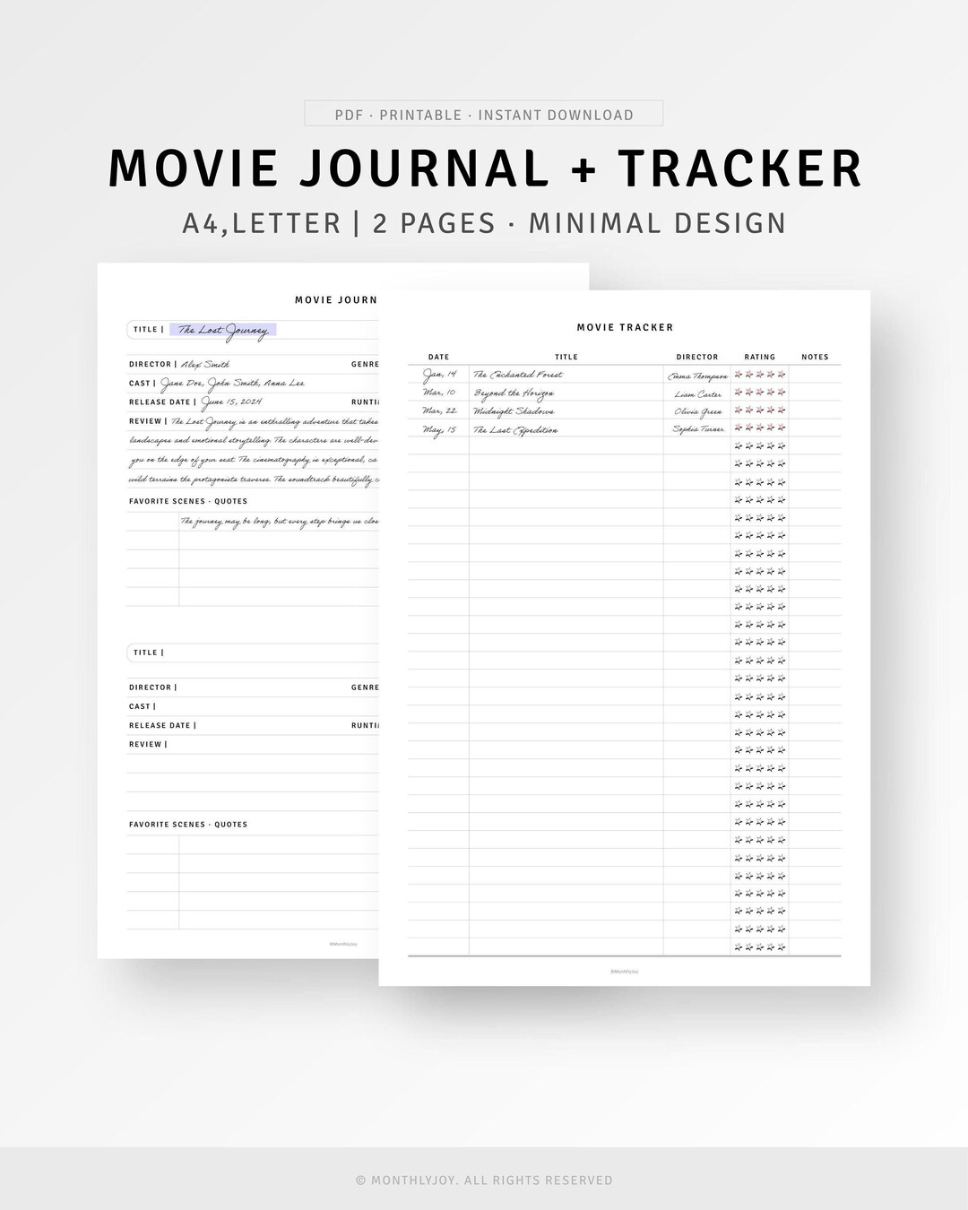 Movie Tracker Printable Journal A4 Letter Movie Log Book and Watchlist ...
