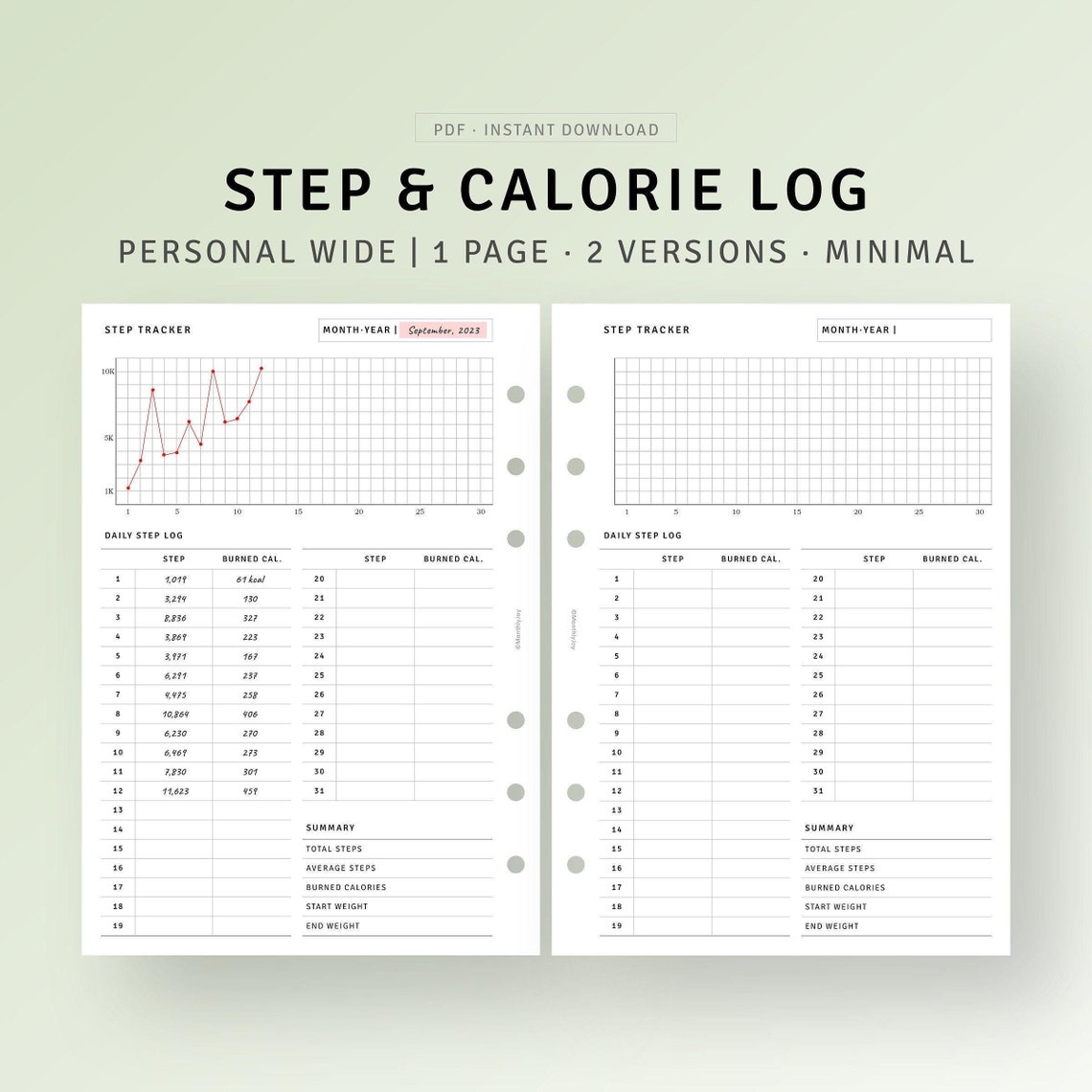 Walking Log Journal Printable Personal Wide Inserts, Step Log Tracker ...