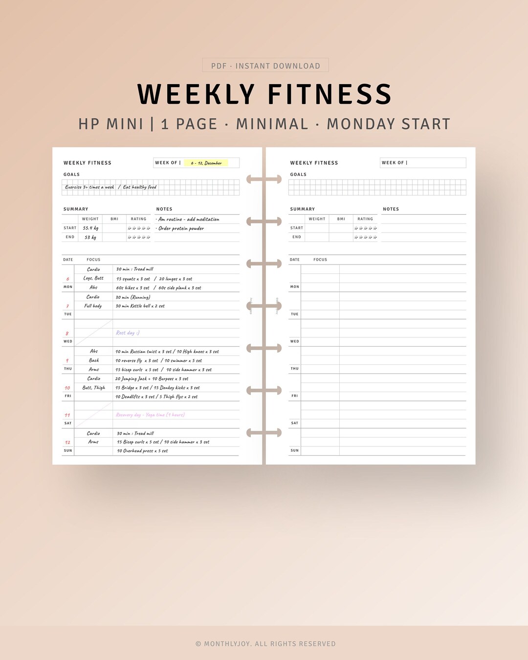 Daily Fitness Tracker Printable HP Mini Size Inserts Workout - Etsy