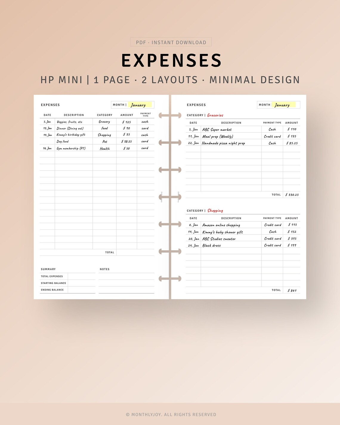 Expense Tracker Printable HP Mini Inserts Spending Organizer - Etsy