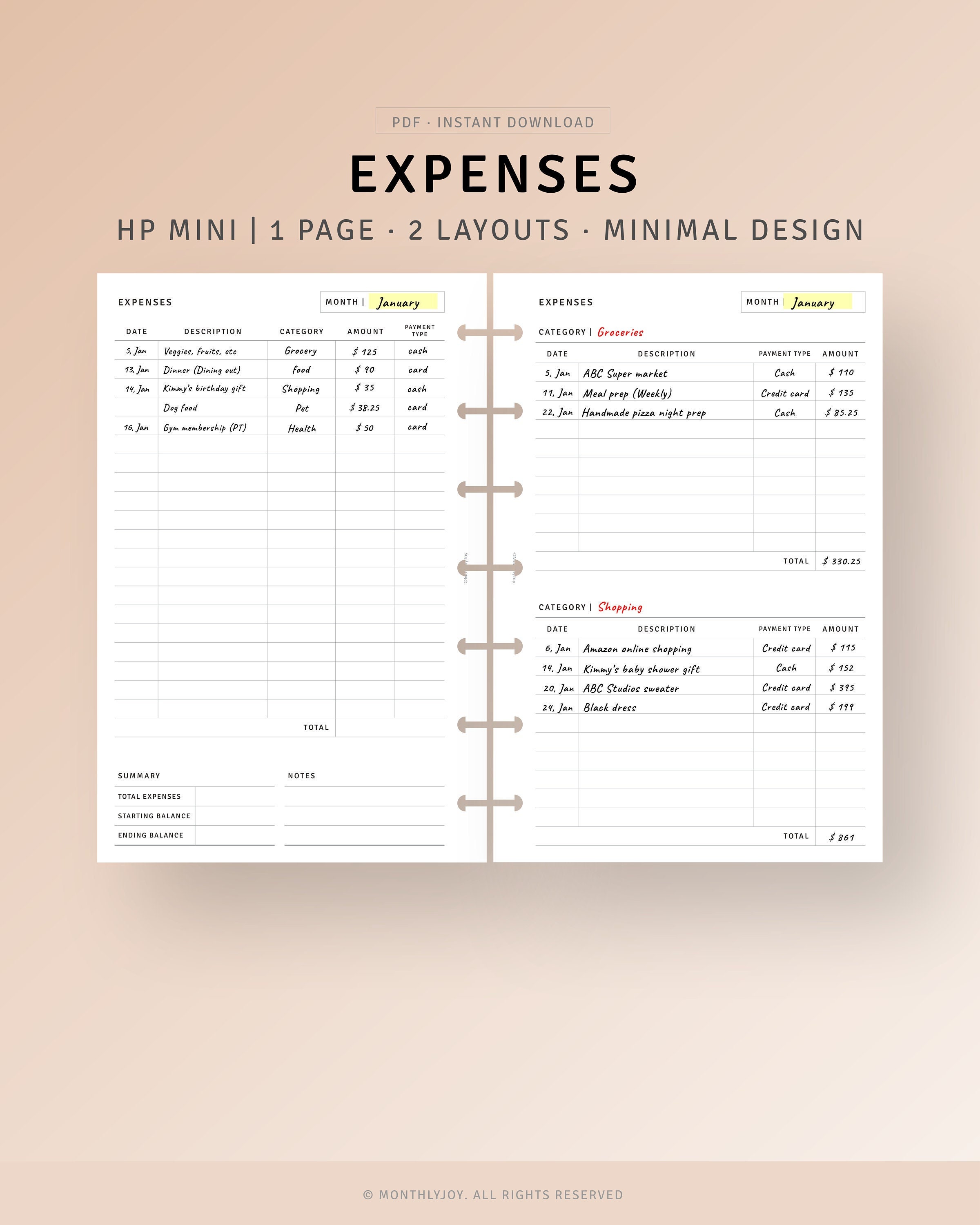 Expense Tracker Printable HP Mini Inserts Spending Organizer - Etsy