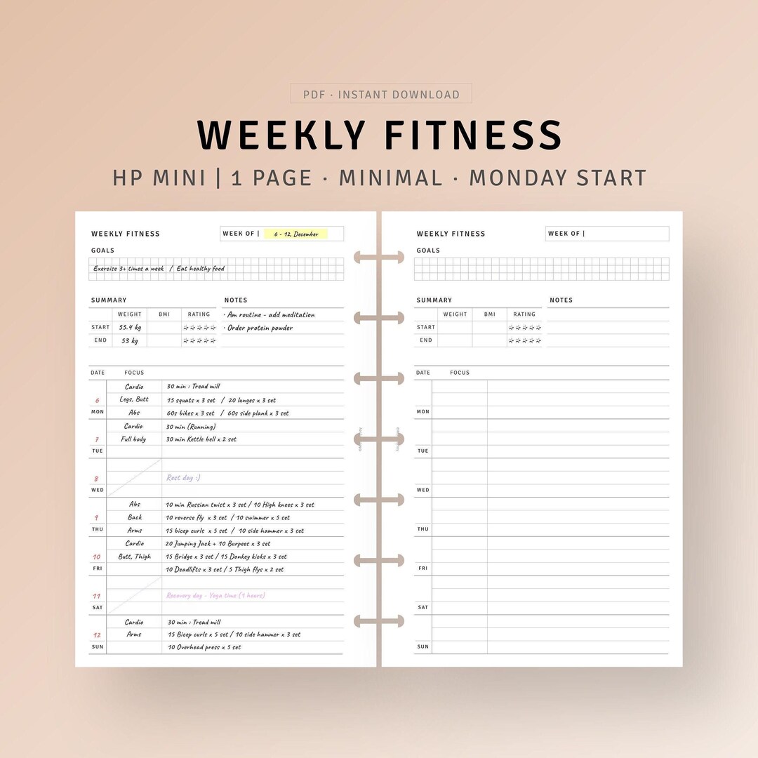 Daily Fitness Tracker Printable HP Mini Inserts, Workout Calendar ...