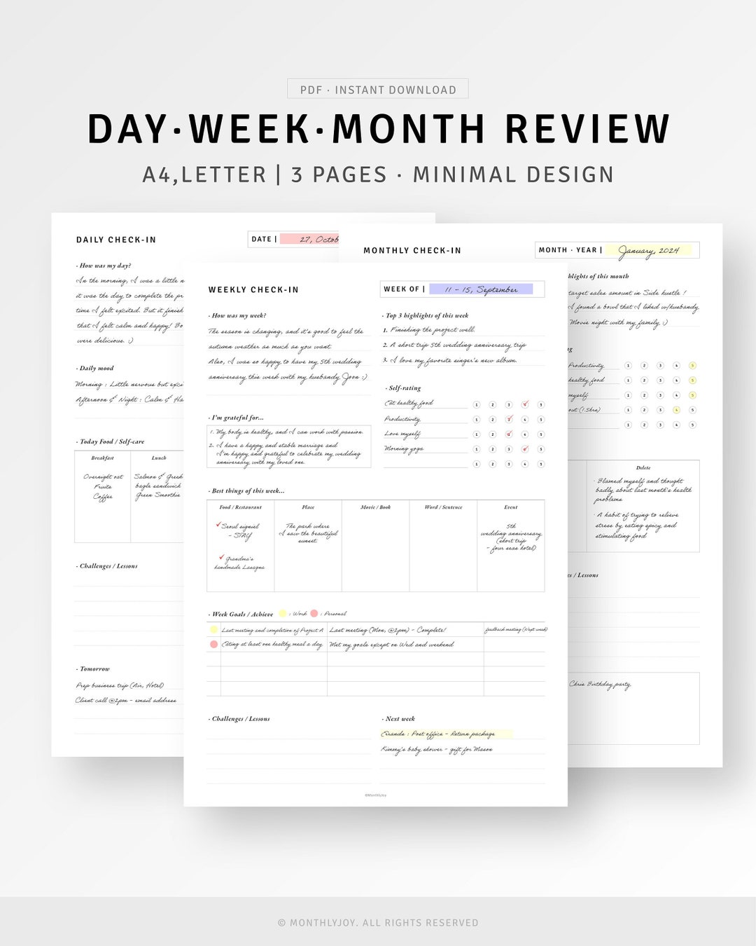 Daily Reflection Weekly Review A4, Letter Binder Printable Monthly ...