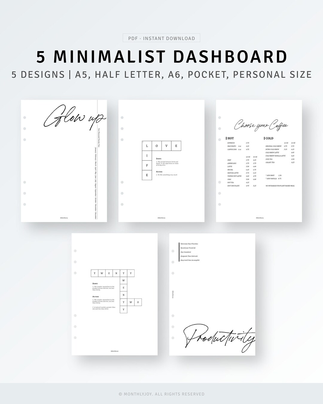 5 Planner Dashboard Printable Template, Minimalist Dashboard, A5, Half ...