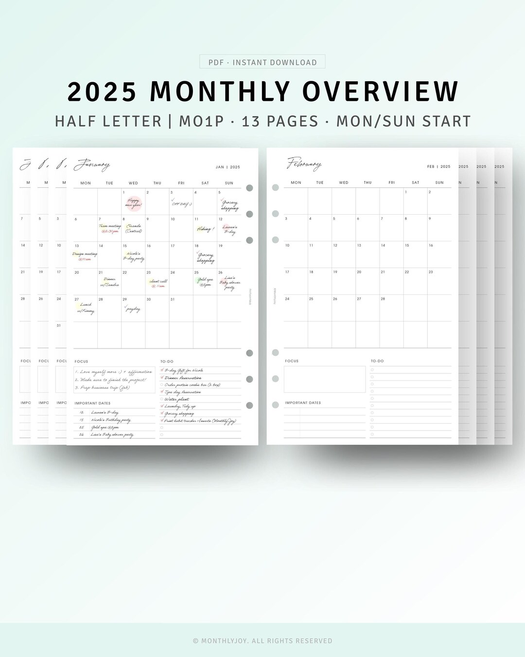 2025 Monthly Planner Half Letter Inserts Printable Dated 2025 Calendar ...