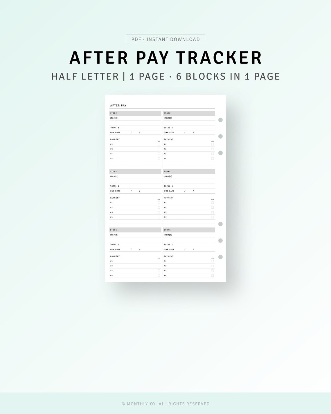After Pay Tracker Half Letter Inserts Payment Tracker | Etsy