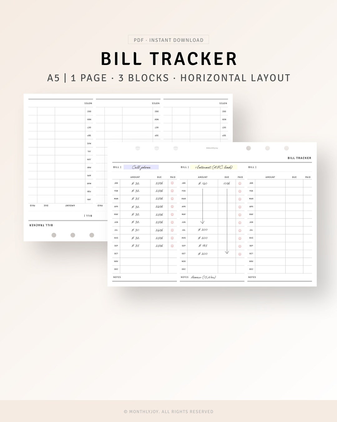 A5 Size, Bill Tracker Printable Payment Reminder, Finance Money Planner ...