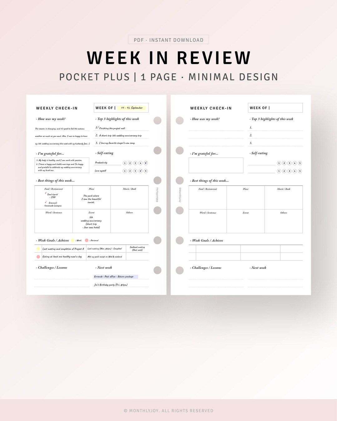 Weekly Review Pocket Plus Planner Inserts Printable Week Reflection ...