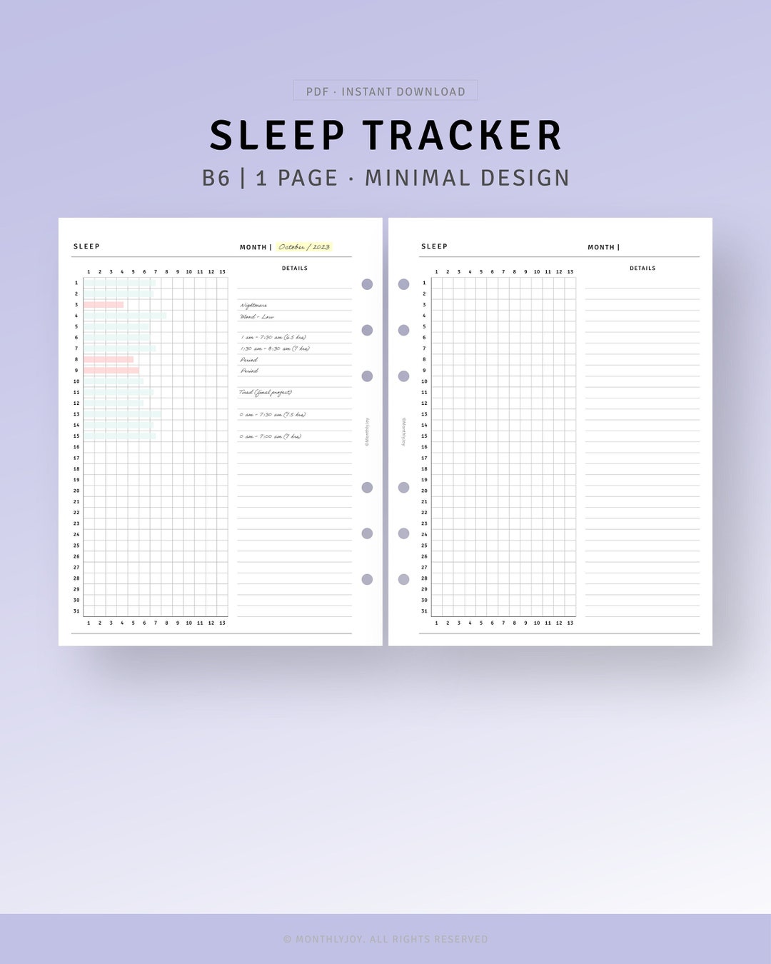 Sleep Tracker B6 Inserts Printable Sleep Circle Diary Template, Health ...