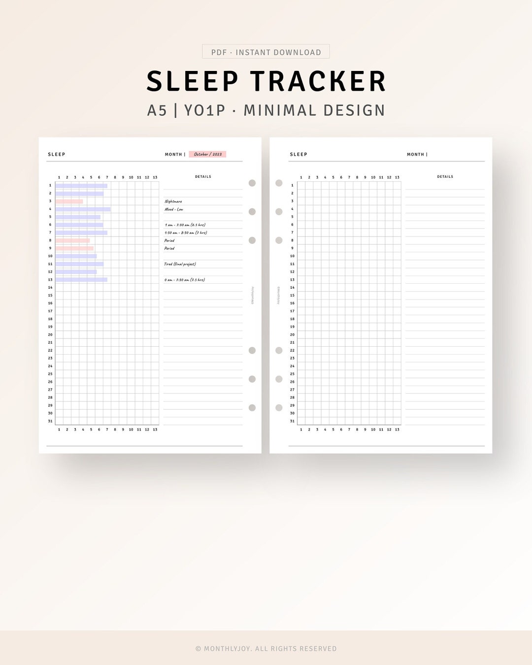 Sleep Tracker A5 Planner Inserts Printable Monthly Sleeping Log, Sleep ...