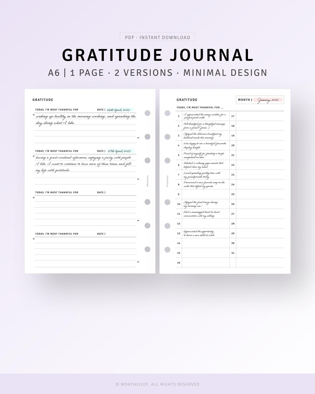 Gratitude Journal Template A6 Inserts Printable Wellness Journal, One ...