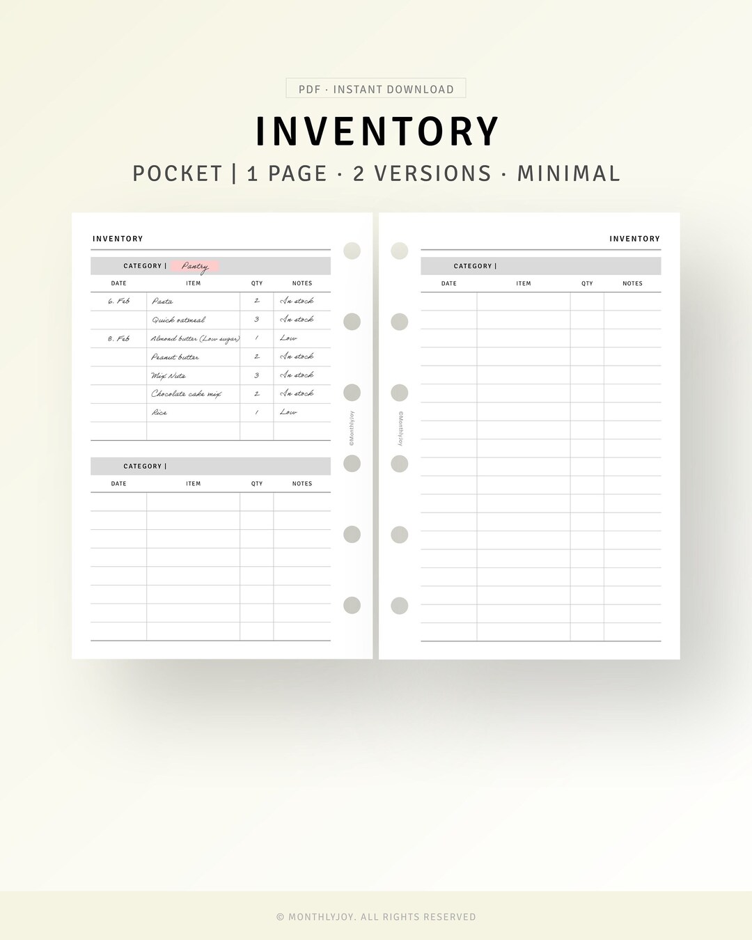 Inventory Tracker Printable Pocket Size Inserts, Home Inventory ...
