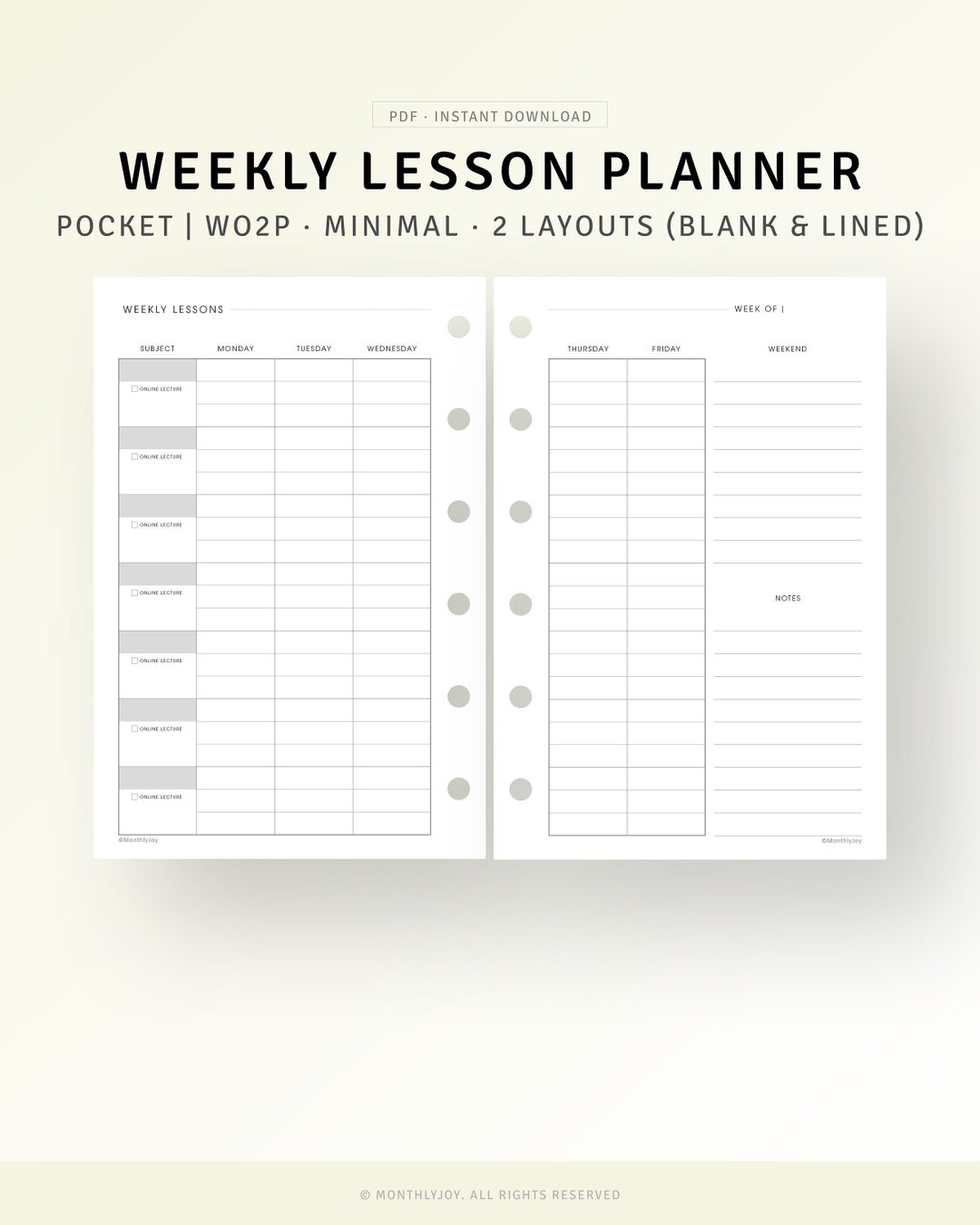Weekly Lesson Planner Pocket Size Printable Multiple Subjects - Etsy