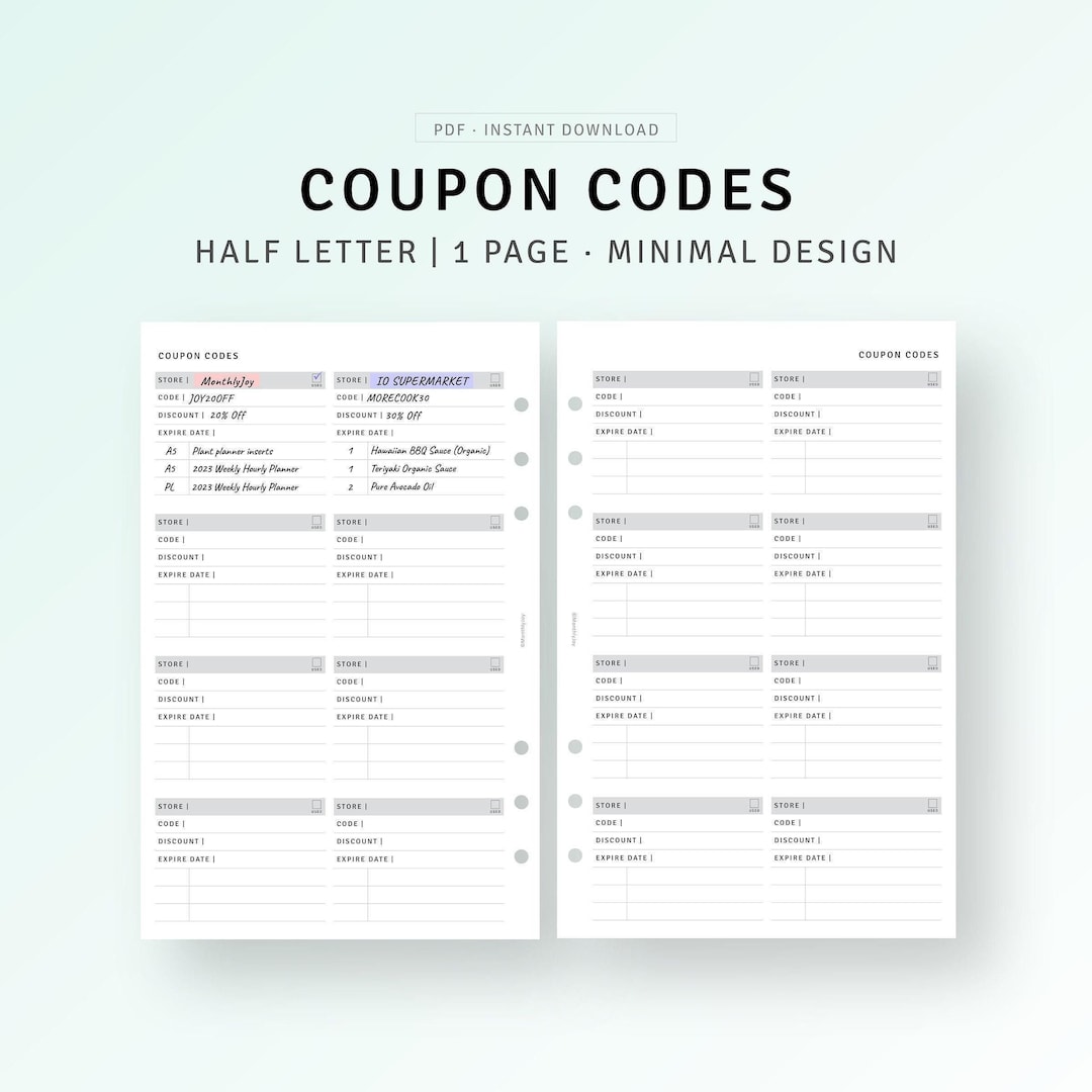 Coupon Planner Tracker Printable Half Letter Inserts, Shopping Discount ...