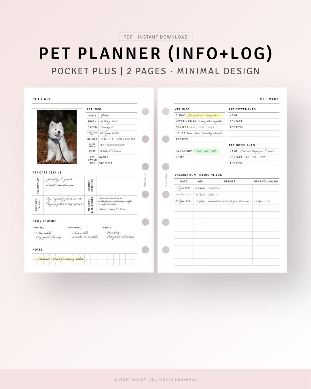 Pet Care Puppy Planner Printable Pocket Plus Inserts, New Pet Health ...