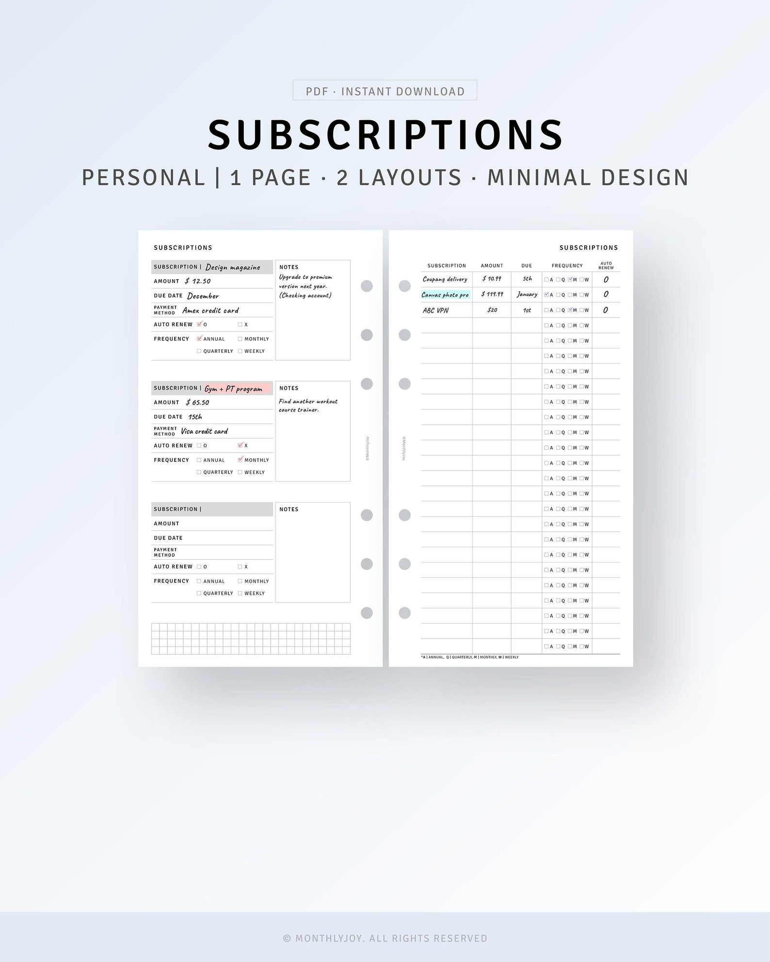 Personal Ring Subscription Tracker Printable Inserts - Etsy