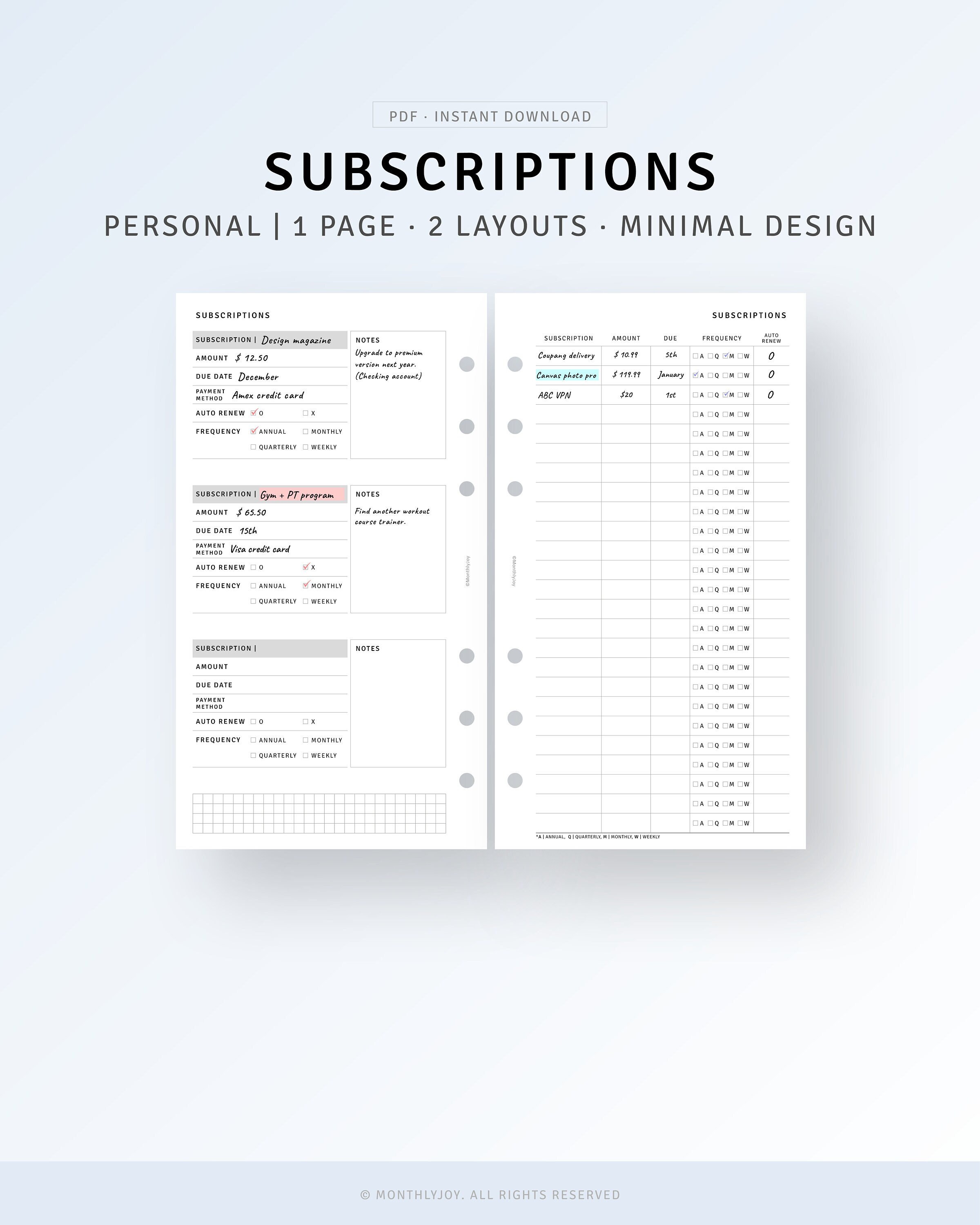 Personal Ring Subscription Tracker Printable Inserts - Etsy