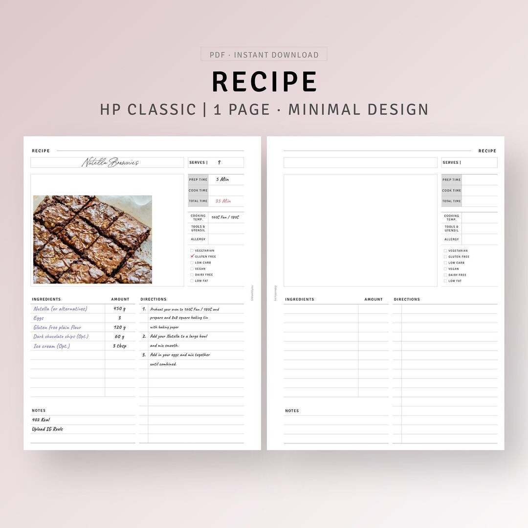 Recipe Journal Printable HP Classic Inserts, Food Recipe Template ...