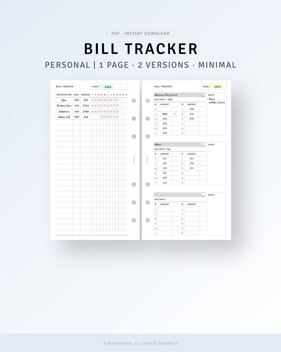 Personal, Bill Organizer Printable Inserts, Spending Payment Reminder ...
